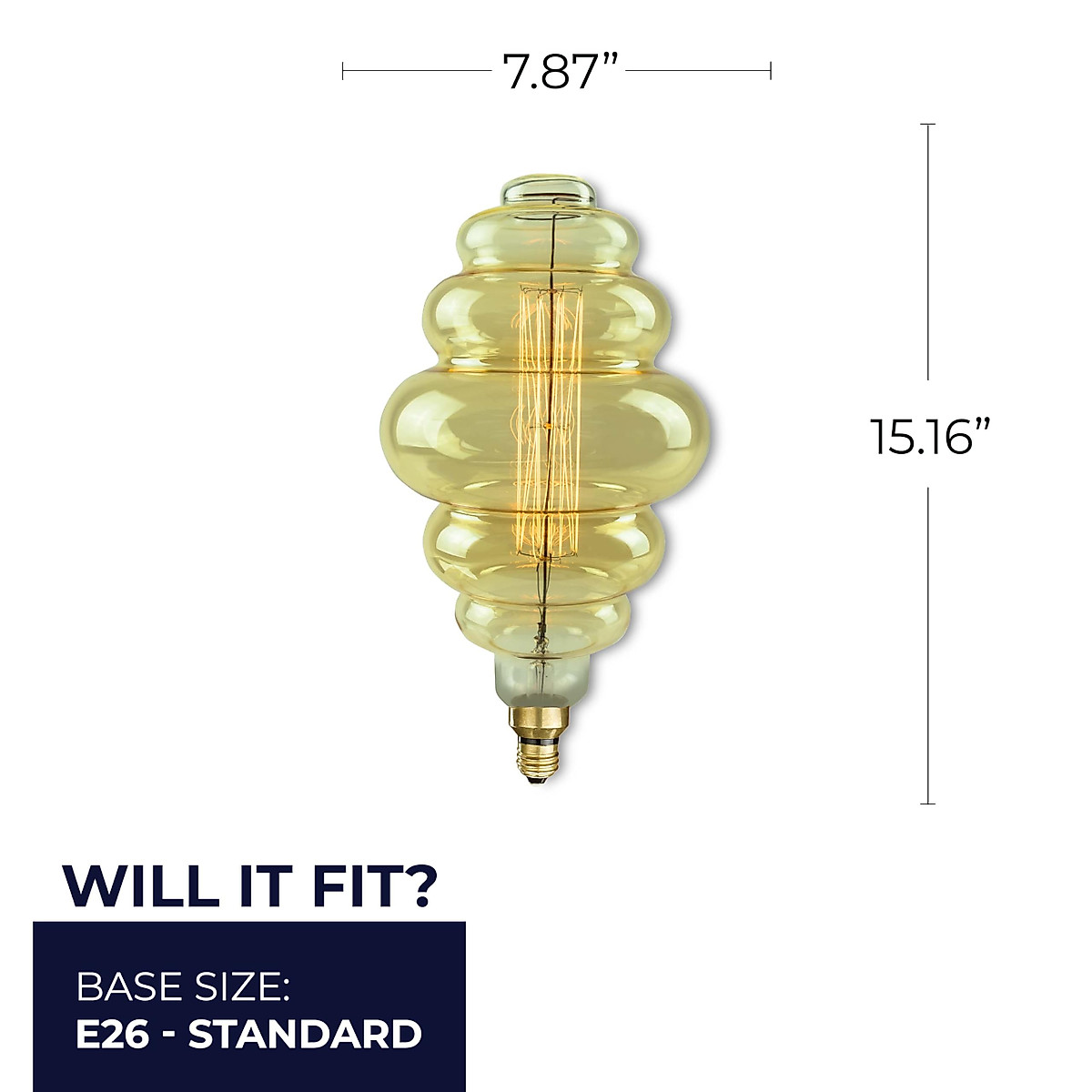 Bulbrite Nostalgic Collection Grand Nostalgics, 60 Watt, Incandescent, Dimmable, Beehive, E26 Standard Base, 2200K (Amber Light) Oversized Light Bulb, Antique, (Pack of 1), Warm White, (137601)