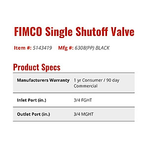 Fimco 7771873 (OEM No. 5143419) Single Shut-Off Valve for Lawn & Garden Sprayers with Manifolds, 3/4" Orifice Size, Black Nylon