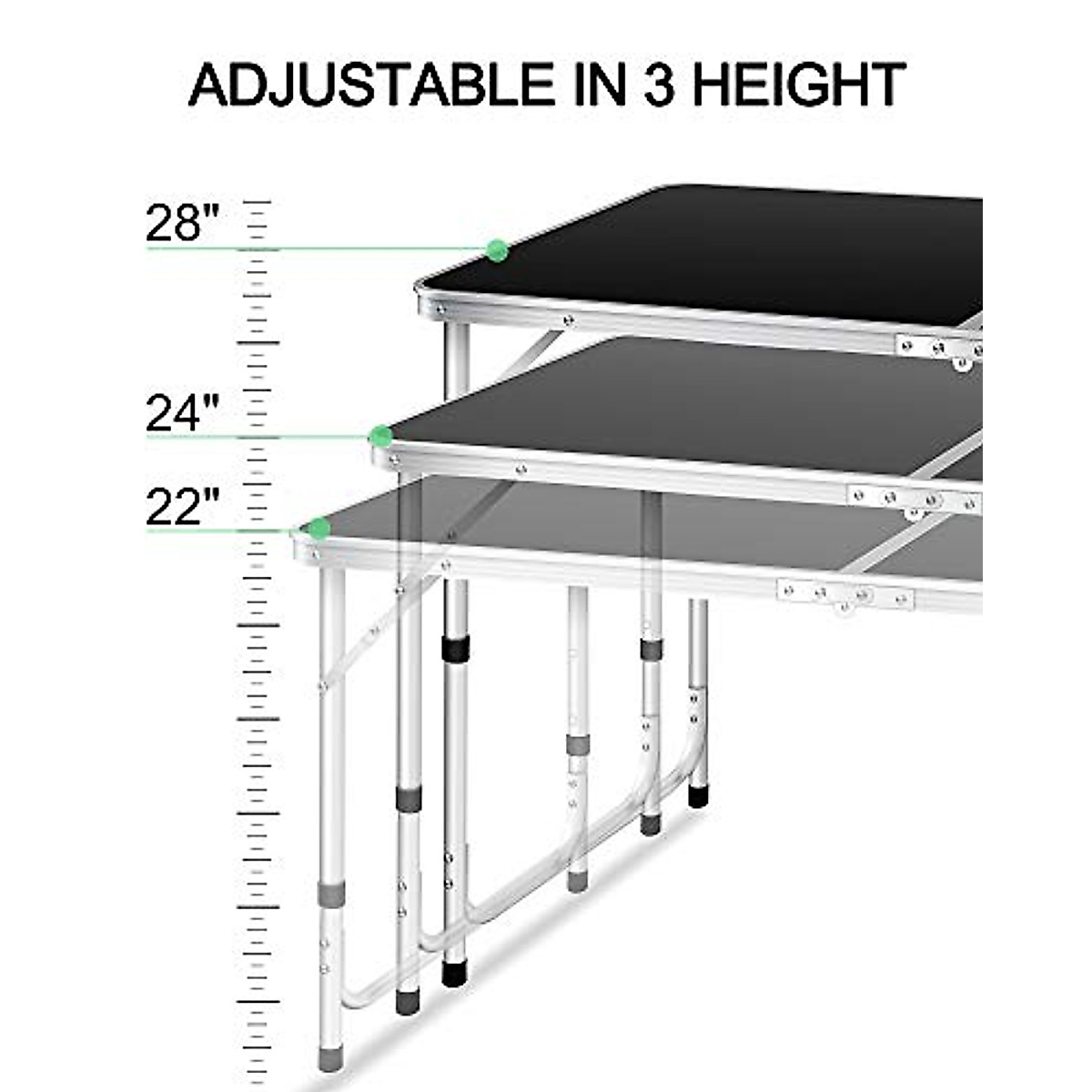 FiveJoy Folding Camping Table, 4 FT Aluminum Height Adjustable Lightweight Desk Portable Handle, Top Weatherproof and Rust Resistant Table for Outdoor Picnic Beach Backyard, 47" x 24",Black