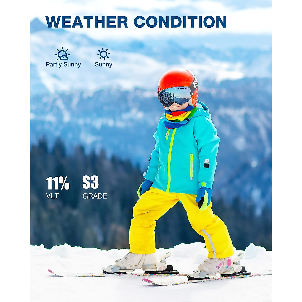 ZIONOR XMINI Kids Ski Snowboard Snow Goggles Detachable Lens UV Protection Anti-fog for Child Boys Girls Youth (VLT 23% White Frame Grey Revo Blue Lens)