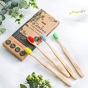 1Grin Bamboo Toothbrush, Wooden Toothbrush, Wooden Handle & Colorful Soft Bristles Heavy Duty Strong Handle Vegan Eco Friendly Natural Organic Non Plastic Zero Waste (Individually Packed 4 pcs)