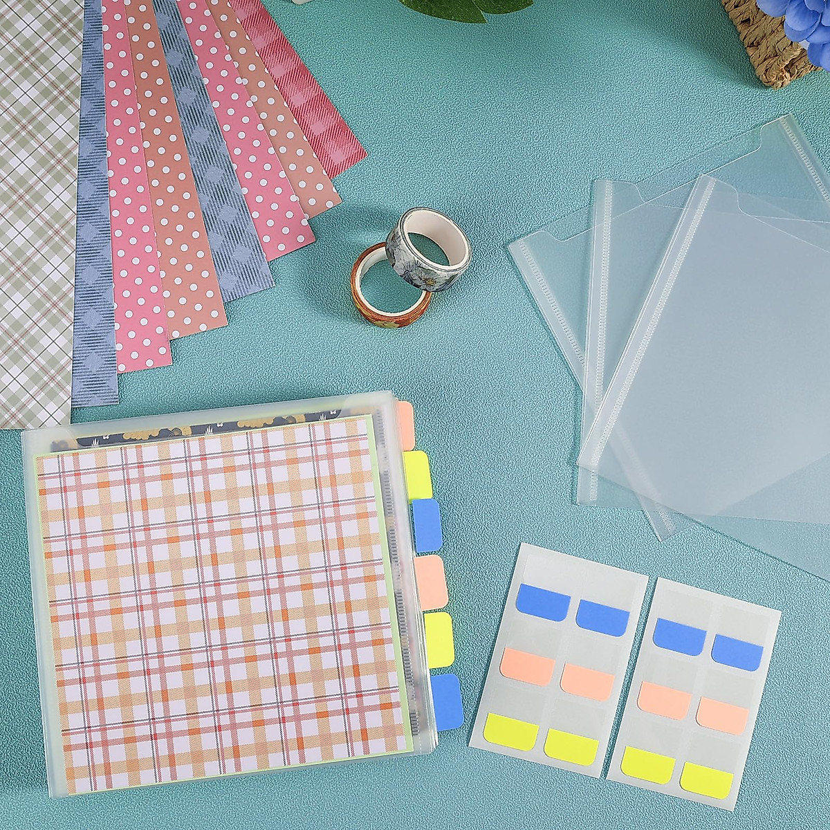 Caydo 36PCS 6x6inch Scrapbook Paper Storage, with 60PCS Sticky Index Tabs for Holding Scrapbook Paper, Cardstock, Vinyl Sheets