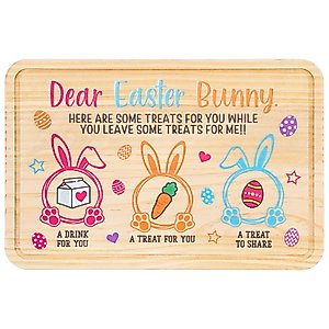 Whaline Easter Cookie Plate Dear Easter Bunny Wooden Cookie Tray Easter Egg Carrot Drink Wooden Treat Plate Rectangle Easter Tray Bundle for Easter Gifts Decoration Supplies, 11.8x7.8 Inch