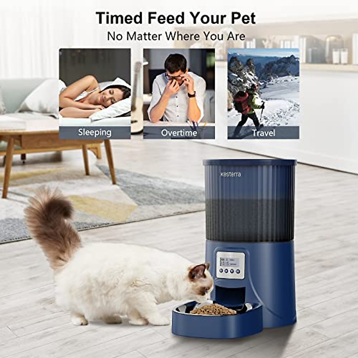 KESTERRA Automatic Cat Feeder, 4L Auto Dry Food Dispenser Small Dog Pet Feeder with 4 Meals Per Day Programmable Timed, 10s Voice Recorder, Twist Lock Lid, Stainless Steel Bowl, Dual Power Supply Blue