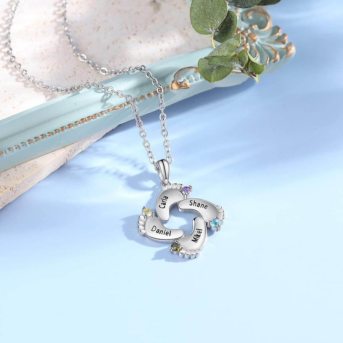 Ashleymade Customized Name Necklace with Baby Feet Pendant Mom necklace with kids names with Simulated Birthstones Necklace for Women (4 names)