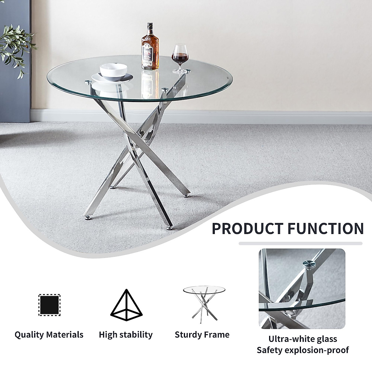 Pvillez Contemporary Dining Table, 36" Round Tempered Glass, Stainless Steel Base, Seats 4, Clear Kitchen Table for Dining