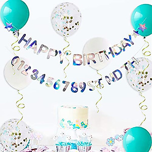 Iridescent Birthday Party Decoration Kit Holographic Hanging Happy Birthday Banners Sign Garlands with 0-9 Number with Teal Balloons Confetti for Girl Boy Kids Men Women Iridescent Birthday Supplies