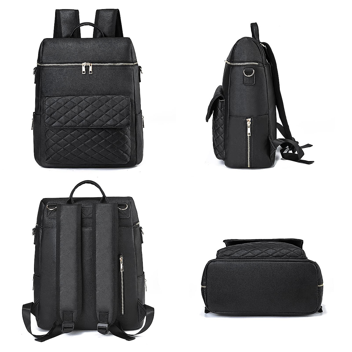 Diaper Bag Backpack Leather Baby Bag with Multiple Pockets, Changing Station, Stroller Straps, Large Capacity for Wet Clothes, Breast Pump, Milk Bottle Black