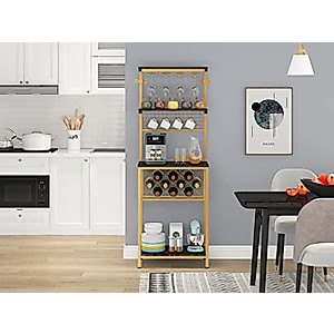 HOMYSHOPY Wine Bakers Rack, Freestanding Wine Rack with Glass Holder and Storage Shelves, Multifunctional Wine Bar Cabinet for Home Kitchen(Black)