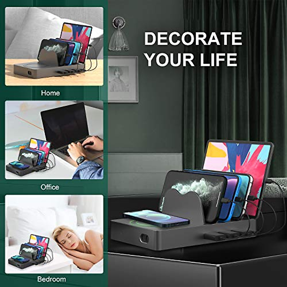 Wireless Charging Station for Multiple Devices, 5 in 1 Fast Qi Charging Dock Station with 10W Max Wireless Charger and 4 USB Ports,Quick Charger PD 3.0 20W for iPhone/iPad/Samsung/Android (Black)