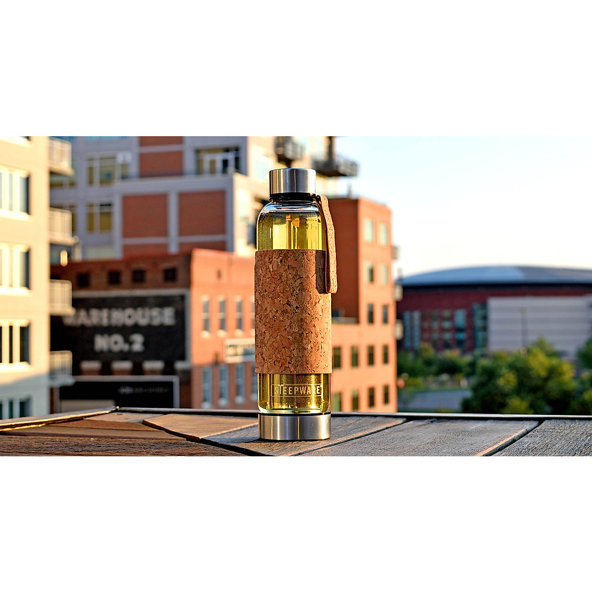 The Tea Spot, Urban Tea Tumbler, Borosilicate Glass Tea Bottle with Stainless Steel Tea Infuser, insulated Natural Cork Sleeve, 16 oz