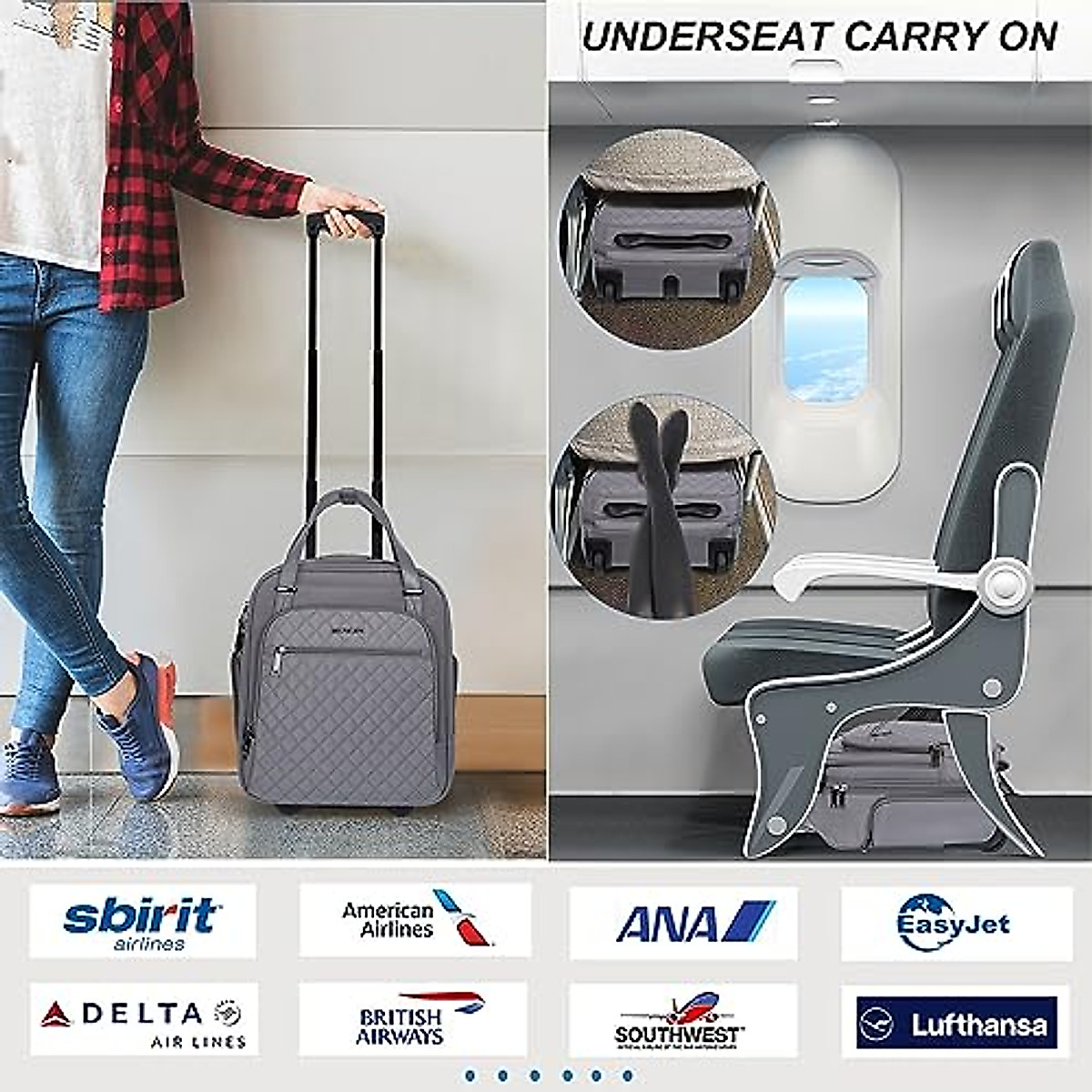 EMPSIGN Underseat Carry On Wheeled - 16” Multi-functional Lightweight Overnight Rolling Underseater Bag, Carry-on Bag with Spinner wheels for Women Men Travel Business, Dark Grey
