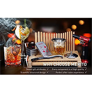 Merito Cocktail Smoker Kit – Luxury Whiskey Set with Stainless Steel Drink Smoker, Torch, Strainer, Tweezers& Wood Chips – Premium Whiskey Smoker as a Birthday Gifts for Men, Drink Lover (No Butane)