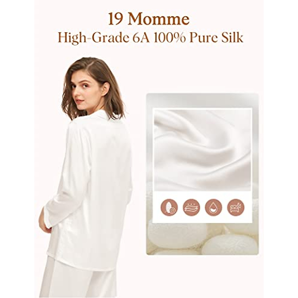 LilySilk Silk Pajamas for Women Button Up Pajamas Set for Ladies Girls Soft Maternity Pajamas Birthday Bridal Party Gift for Christmas Anniversary Valentine's day, Natural White M