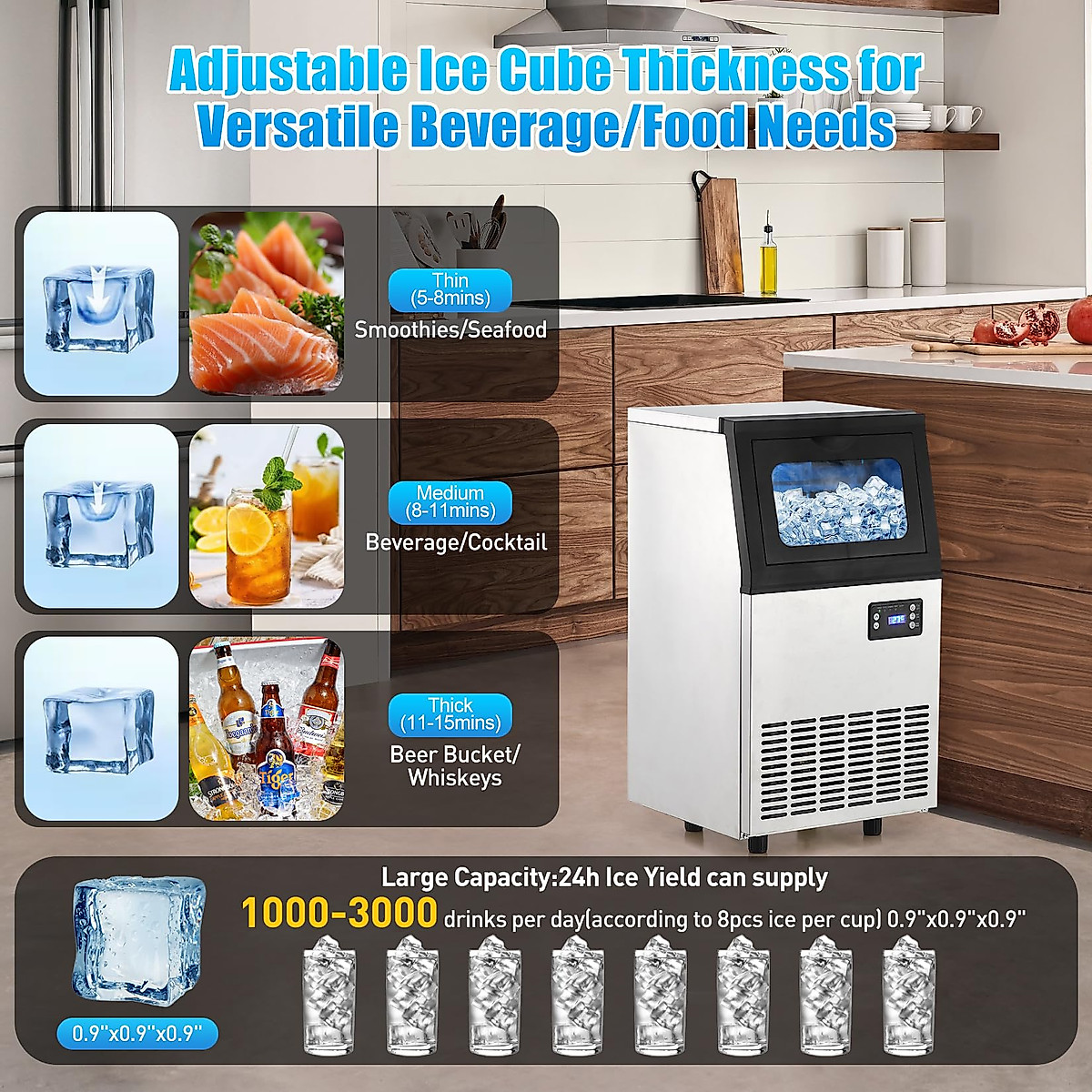 Commercial Ice Maker Machine, 110LBS/24H Commercial Ice Machine with 18LBS Ice Bin and Water Filter, Scoops Included, Under Counter Ice Maker Machine for Home, Restaurant, Coffee, Bar