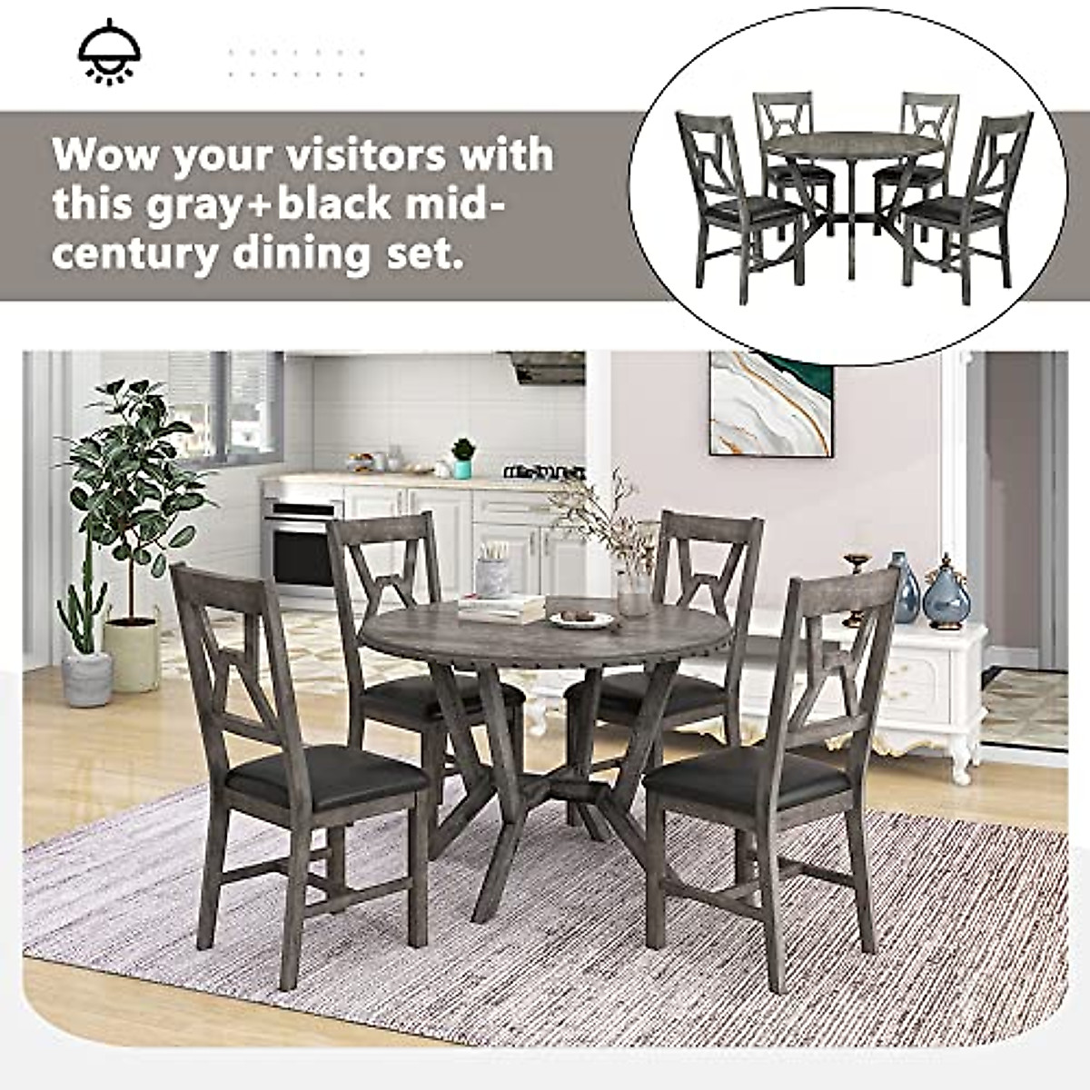 Harper & Bright Designs Mid-Century 5-Piece Dining Table Set, Wooden Round Dining Table with Cross Legs and 4 Upholstered Chairs, Dining Room Kitchen Table Chairs Set, Gray