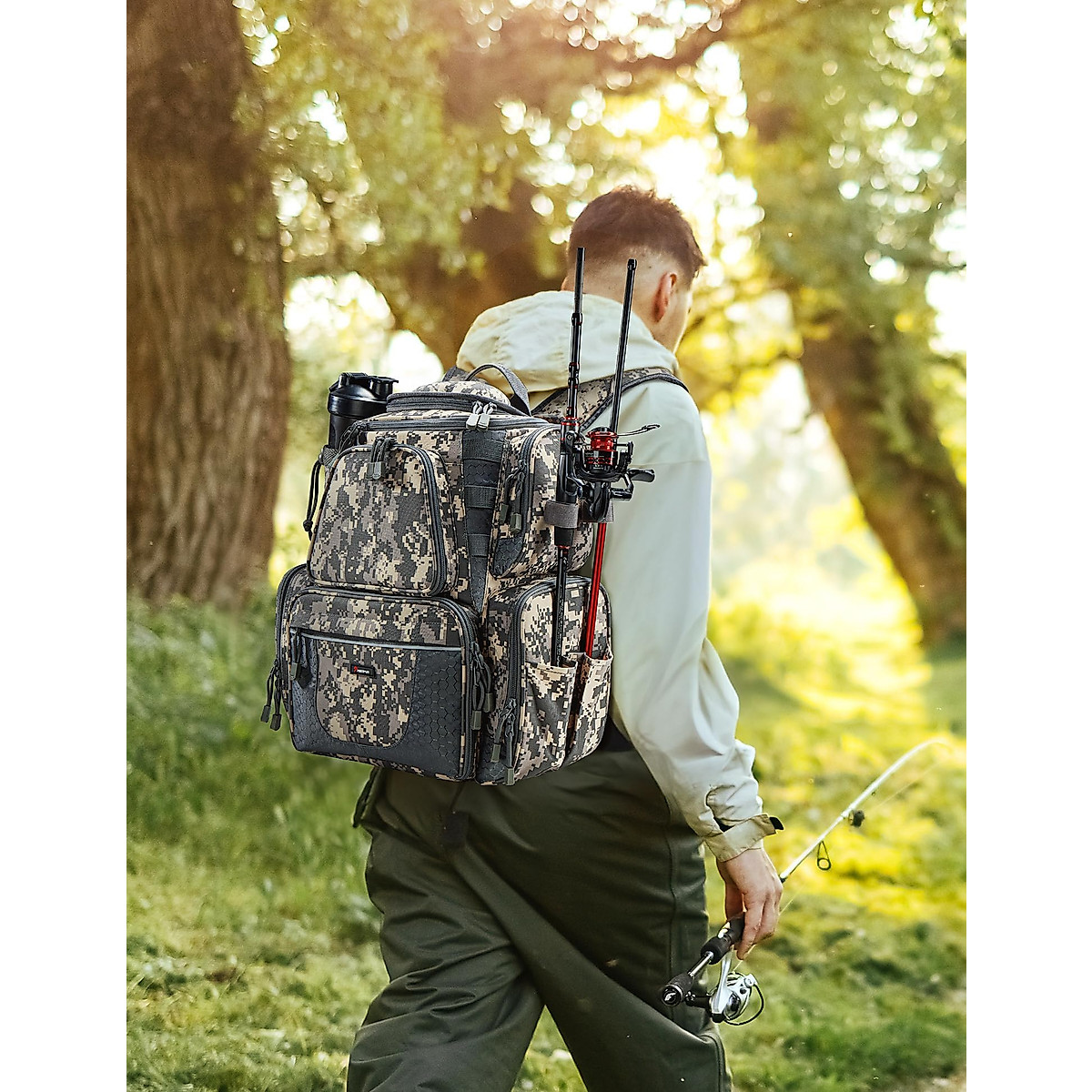 Piscifun Fishing Tackle Backpack with 4 Trays, Large Outdoor Storage Tackle Bag with Protective Rain Cover Digital Camouflage