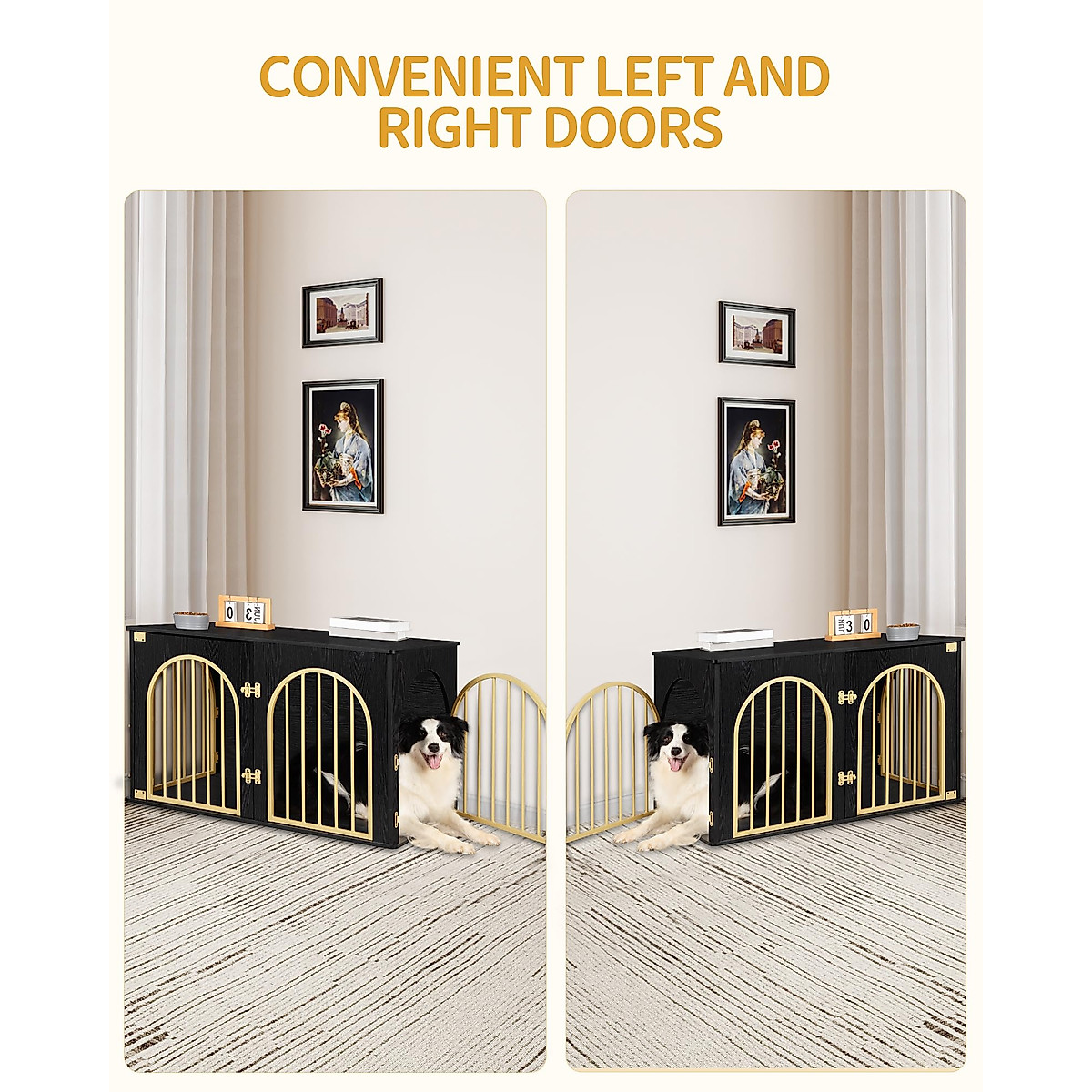 Hzuaneri 39.4'' Wooden Dog Crate Furniture TV Stand, Indoor Dog Kennel for Small/Medium/Large Dogs, End Side Table Dog Crates, Anti-Chew, Anti-Escape, Arched Door Design, Black Gold DFC84104A