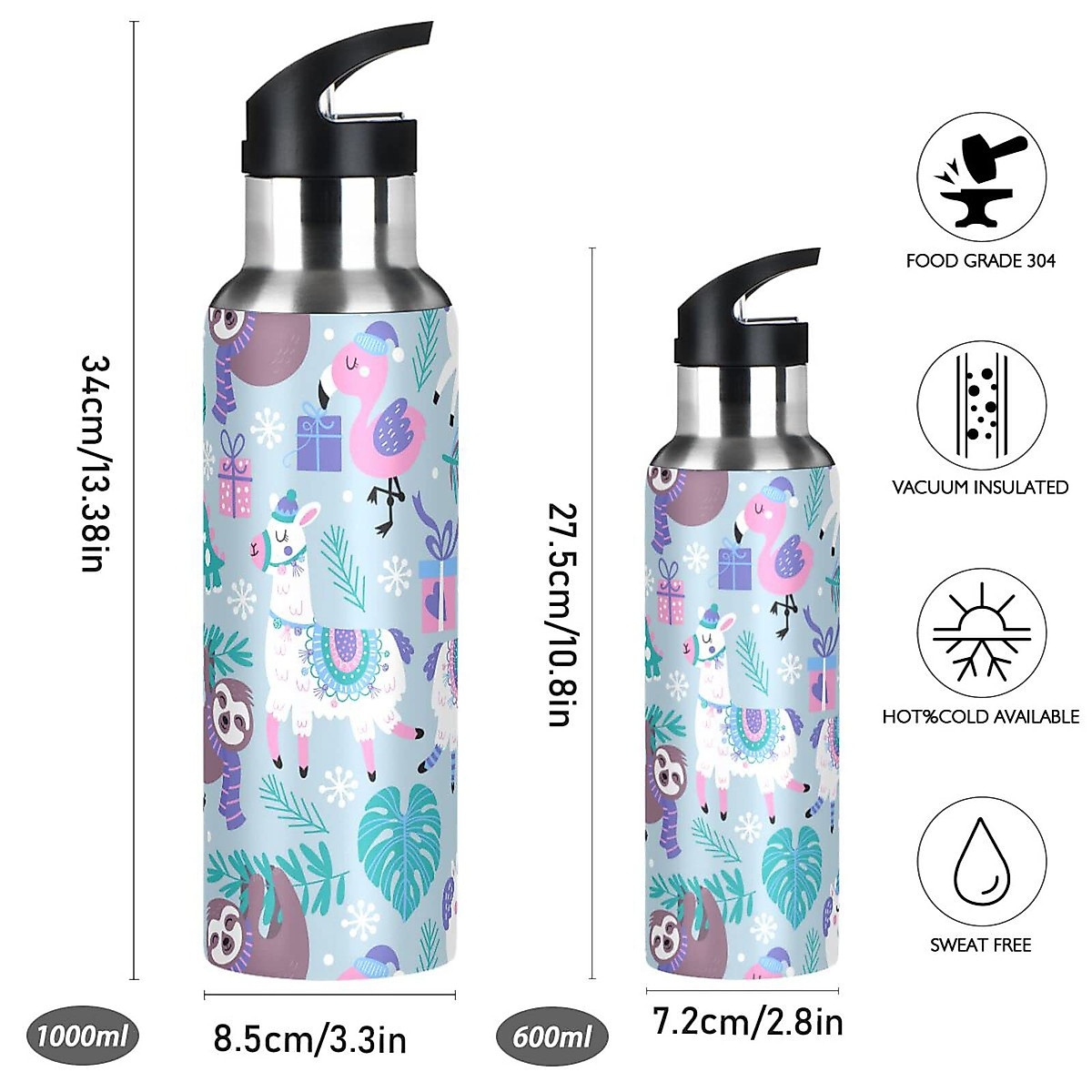 senya 20 Oz Water Bottle with Straw Animals Alpaca Llama Sloth Dinosaur Stainless Steel Water Bottle for Traveling Sports Leakproof Insulated Water Bottle