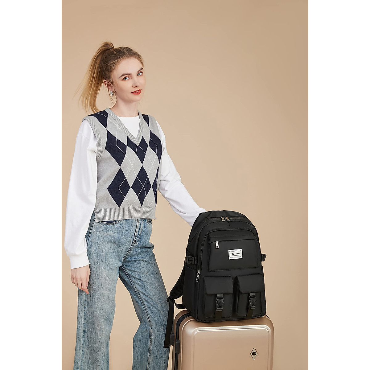 Teecho Stylish Laptop Backpack For Men and Women Roomy Rucksack for Travel Black