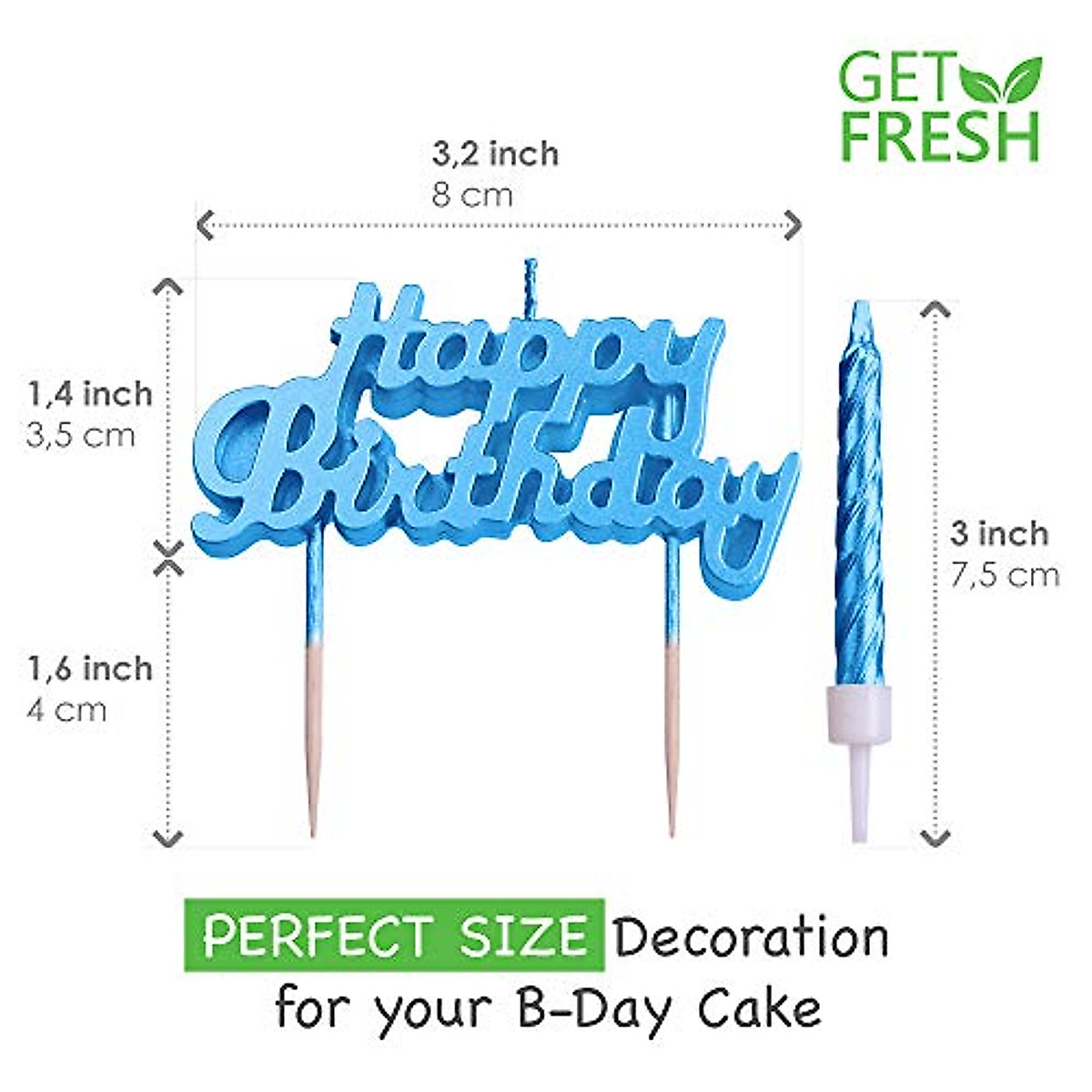 GET FRESH Blue Birthday Cake Candles Set – 10-Pack Spiral Candles and Happy Birthday Letter Candles Cake Topper – Metallic Bday Candles and Candles Cake Decoration – Glitter Blue Birth-Day Candles