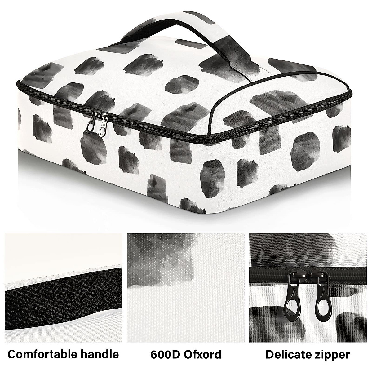Seamless Black Ink Spots Hand Drawn Black Spots Stains on White Reusable Insulated Pizza Bag, Waterproof Food Delivery Bag, with Handle Lid Leakproof Pizza Holder Tote for Hot or Cold Food
