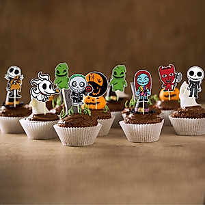 Gyufise 40Pcs Skellington Halloween Cupcake Toppers Glitter Skull Ghost Cupcake Picks for Nightmare Before Christmas Theme Wedding Anniversary Birthday Party Cake Decorations Supplies