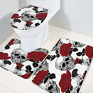 Women Trend 3 Piece Bath Rugs Set Red Rose Leaves Skull Non-Slip Bathroom Mats Absorbent Contour Soft Mat Toilet Lid Cover Bathroom Decor Set- 20"x32"+16"x18"+16"x20"