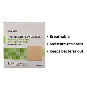 McKesson Hydrocellular Foam Dressings, Sterile, Silicone Adhesive Without Border, 6 in x 6 in, 10 Count, 1 Pack
