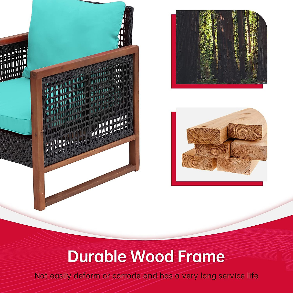 FDW 3-Piece Patio Bistro Set Acacia Wood Outdoor Chat Conversation Table Chair Set Outdoor Wood Chat Set with Water Resistant Cushions and Coffee Table for Beach Backyard Garden,Blue Cushion