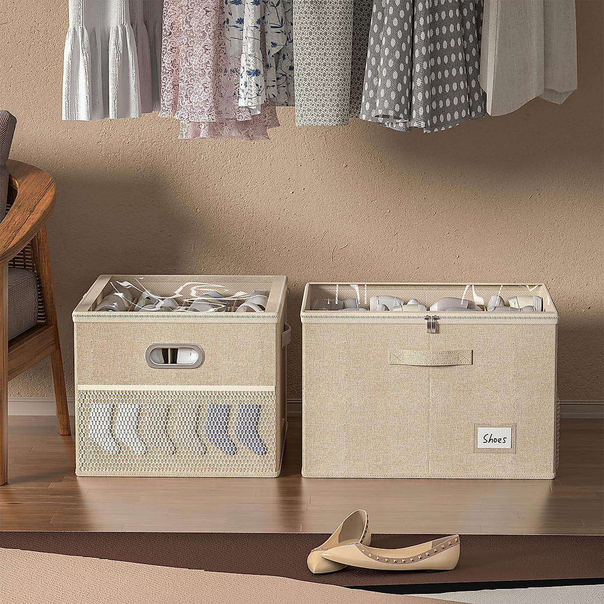2 Pack Shoe Organizer for Closet Large Shoe Box Storage Containers with Clear Window Space Saving Shoe Bin with Foldable Bottom Support Adjustable Dividers Fits 32 Pairs (Beige, (19.7x15.7x13inch)x2)