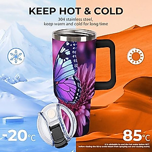 Purple Butterfly And Flower Insulated Stainless Steel Travel Mug, 40 Oz Tumbler with Handle And Straw Double-Wall Vacuum Coffee Cup, Leak-Proof Lid, Keeps Drinks Hot/Cold for Hours