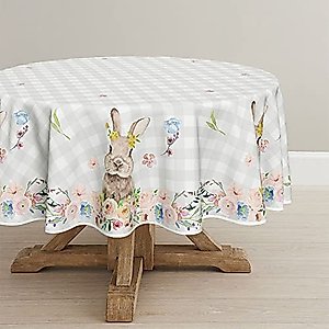 Horaldaily Easter Tablecloth 70x70 Inch Round, Spring Flower Buffalo Plaid Bunny Table Cover for Party Picnic Dinner Decor