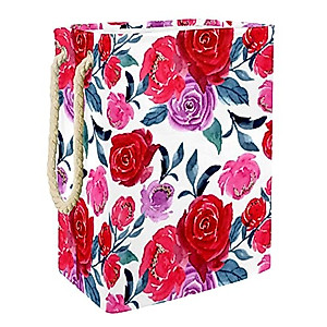 Inhomer Red Floral Pattern Large Laundry Hamper Waterproof Collapsible Clothes Hamper Basket for Clothing Toy Organizer, Home Decor for Bedroom Bathroom