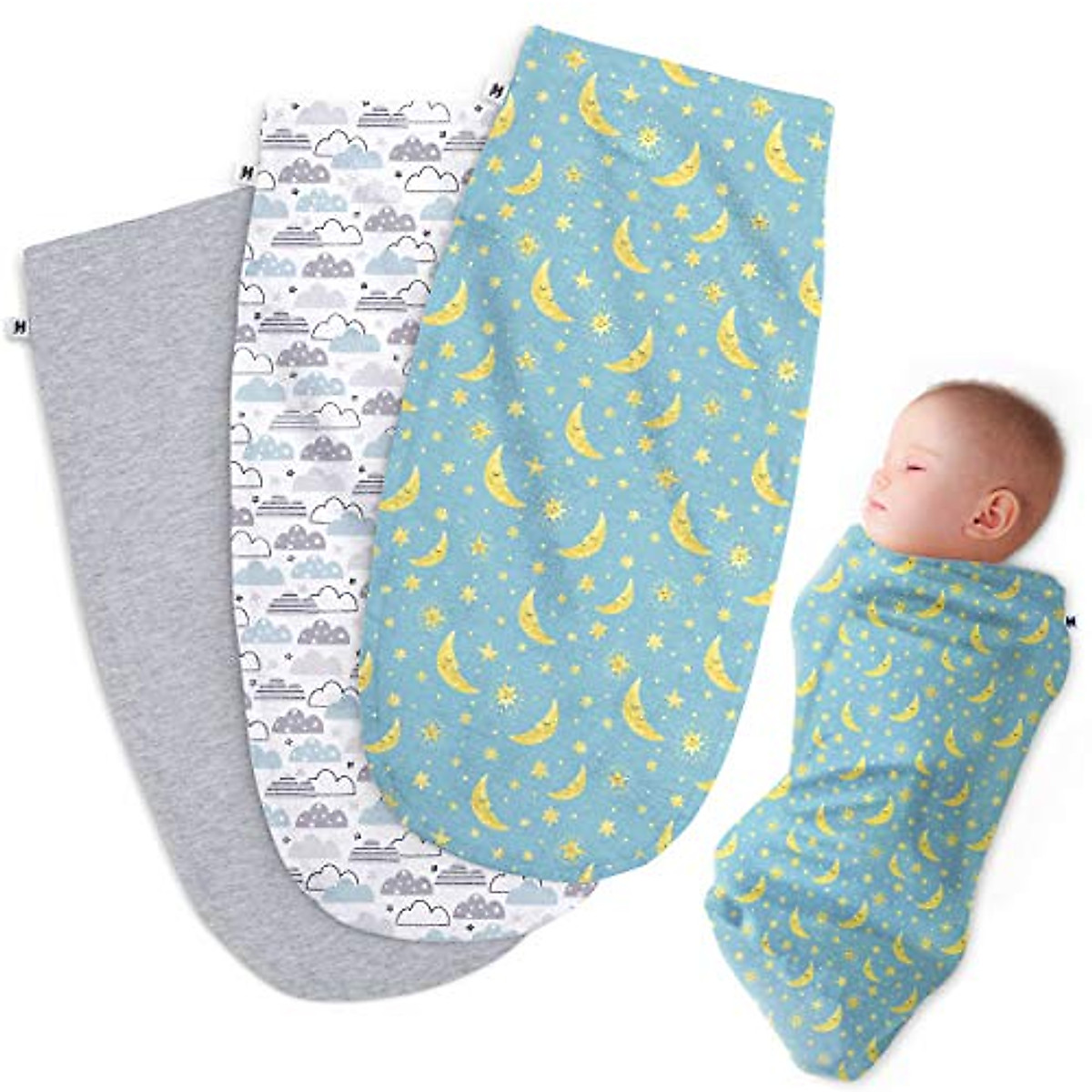 Henry Hunter Baby Swaddle Sack | The Simple Swaddle | Soft Stretchy Cotton Swaddles for Newborns | Baby Swaddles 0-3 Months, Swaddle Blankets for Baby Boy, Pack of 3, Cloud | Moon | Light Heather