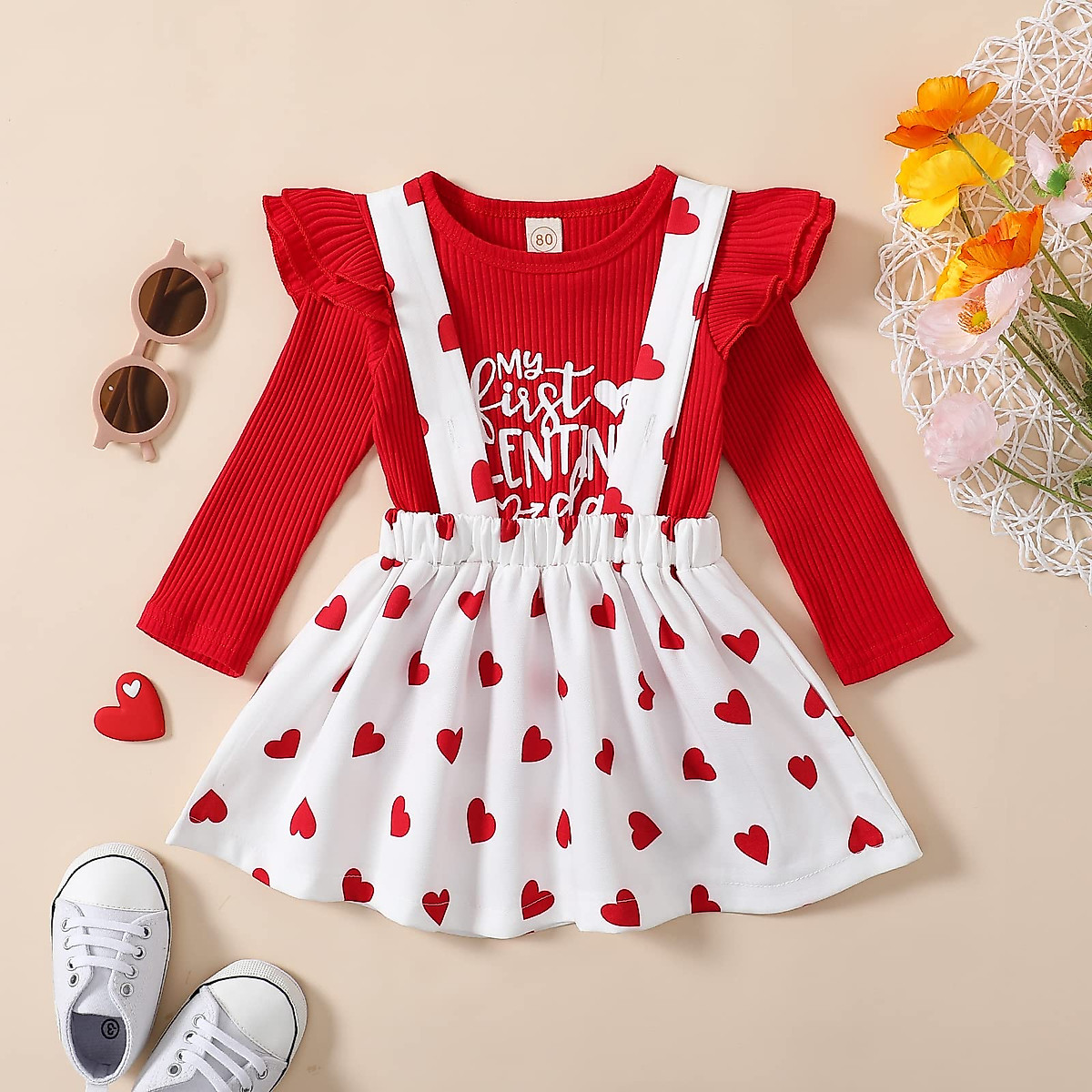 My First Valentine's Day Toddler Girls Outfits Ruffle Ribbed Long Sleeve Shirt Top Heart Print Tutu Suspenders Skirt (Red, 4-5T)