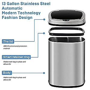 Trash Can 13 Gallon Electronic Touchless Tainless-Steel Trash Bin, Automatic Smart Motion Sensor Kitchen Garbage Can with Lid, Automatic Closure & Opening Waste Bins for Office Bedroom (Silver)