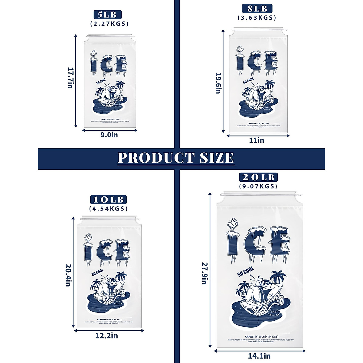 50 Pack Ice Bags 5 lb, Heavy-Duty Ice Bags with Drawstring(2 Mils Thickness)