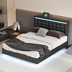 VilroCaz Queen Size Upholstered Platform Bed with LED Lights and USB Charging, Floating Bed Frame Mattress Foundation with Sturdy Slatted Support, No-Noise Design (Black-Float)