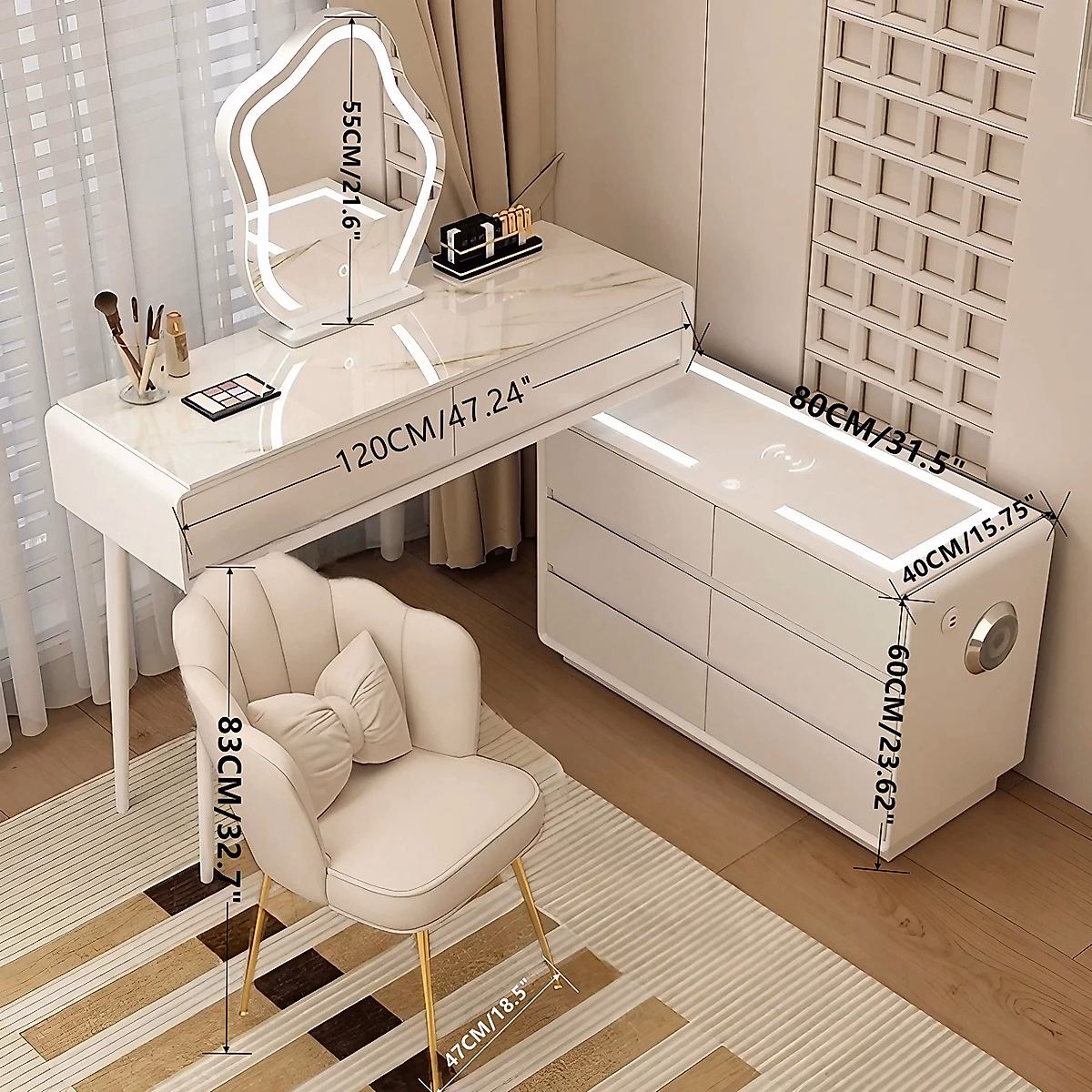 ZGNBSD Corner Vanity Set - Makeup Vanity Desk with Charging Station & Bluetooth Speaker, 8 Drawers Design, Including LED Vanity Mirror and Chair, L-white, 47''