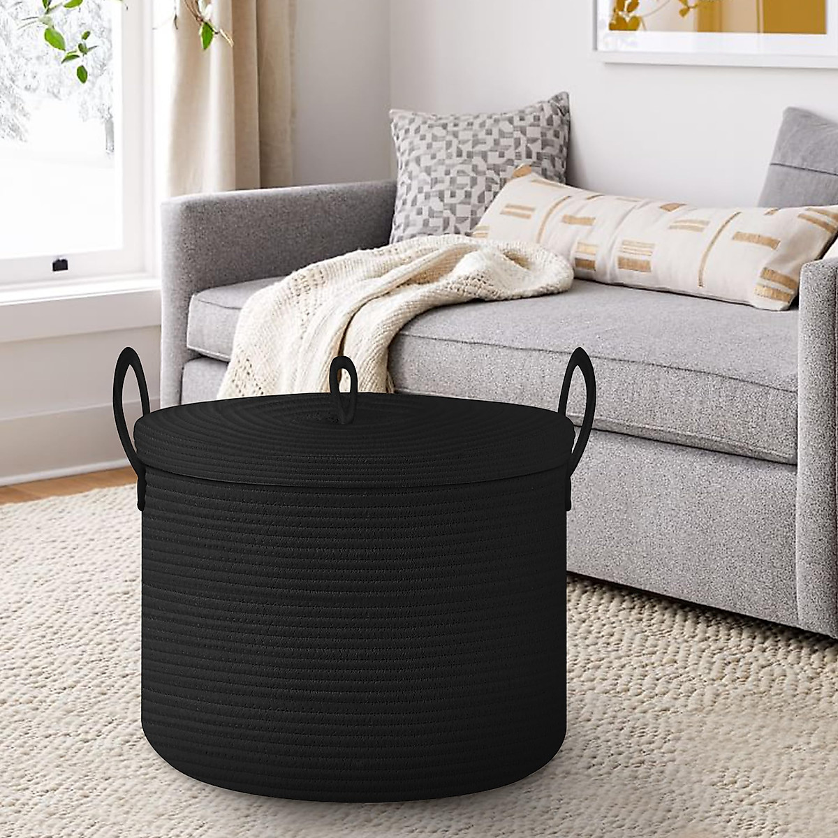 HONCESTA 18" X 14" Large Black Basket with Lid, Cotton Rope Storage Basket for Blanket, Toy, Pillow, Towel, Living Room Bedroom Storage Bin, Wicker Woven Basket, All Black Organizing Basket with Cover