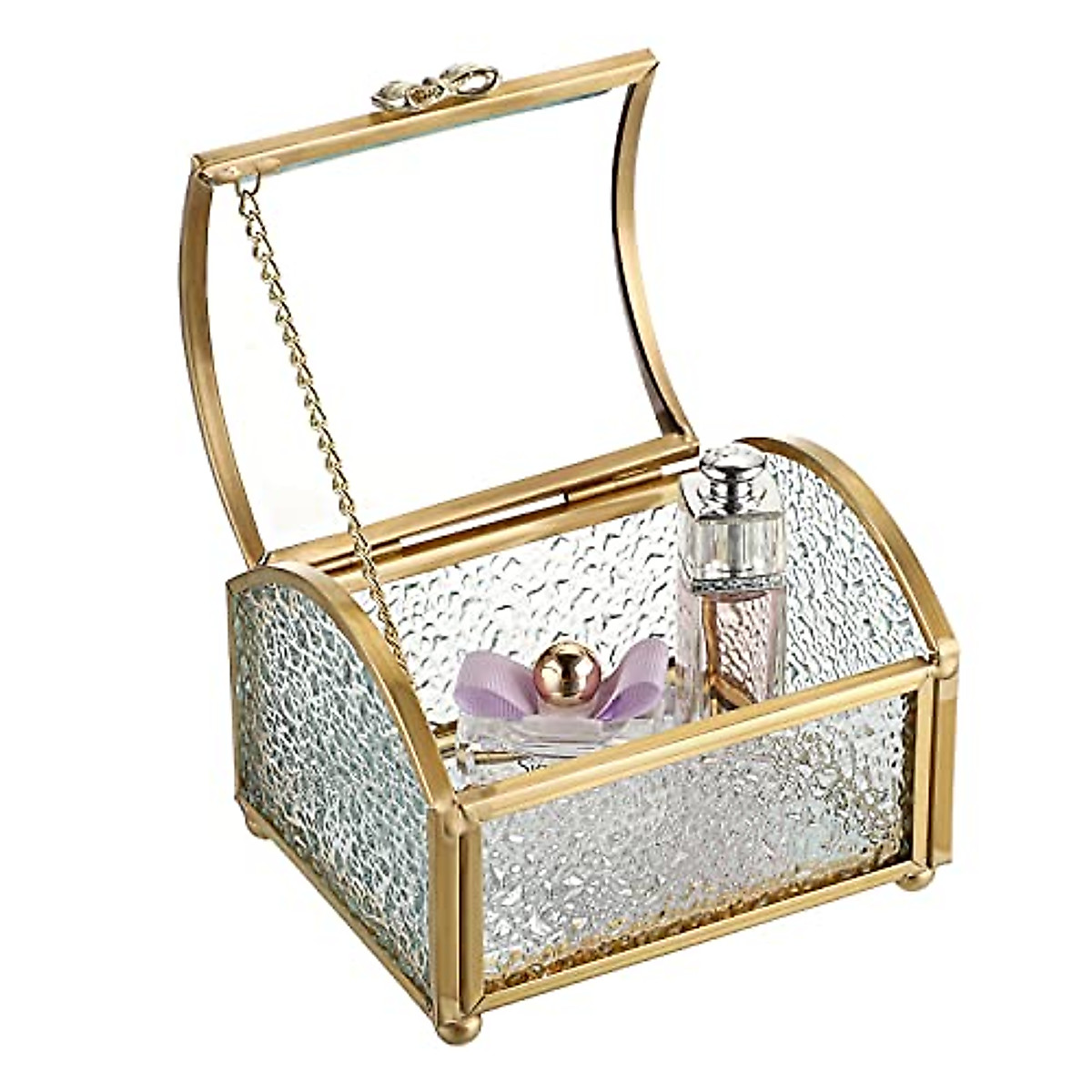 ELLDOO Gold Vintage Glass Jewelry Box with Clear Lid Diamond Pattern Treasure Chest Box Rectangle Keepsake Box Trinket Box, Small Size