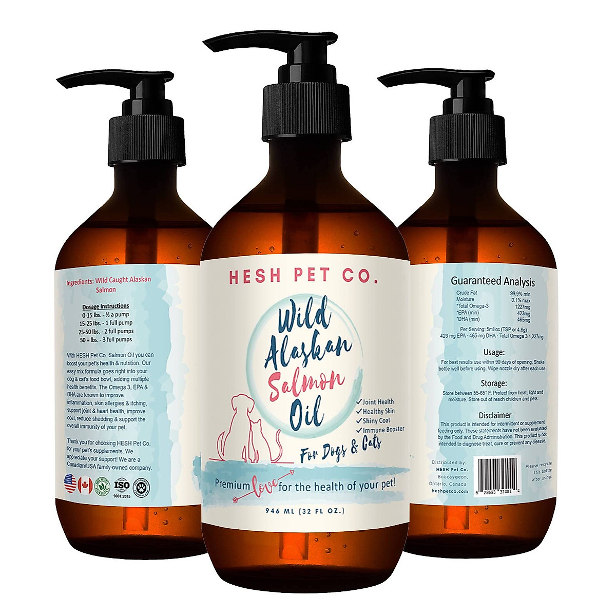 Premium Wild Alaskan Salmon Oil for Dogs & Cats - 32oz Skin & Coat Supplement with Essential Fatty Acids - Fish Oil, Salmon Oil for Puppies, Omega 3 Fish Oil for Dogs, Wild Fish Oil