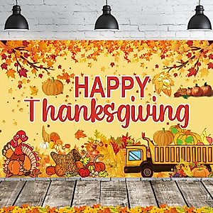 Famoby HAPPY Thanksgiving Fabric Sign Poster Banner Backdrop and Pumpkin Turkey maple leaf Pattern for Thanksgiving Day Photo Booth Background Party Decoration