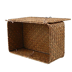 Natural Straw Rattan Multipurpose Container Rectangular Storage Baskets With Lid Hand Woven Storage Box with Button for Desktop Home Decoration (12 Inch)