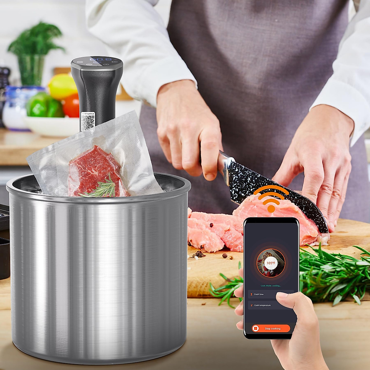 Upesitom Sous Vide Machine, 1100W Upgraded WIFI Sous Vide Cooker Ultra-quiet Working Cooker Immersion Circulator with Recipes(App Included), Accurate Temperature, Digital Timer, IPX7 Waterproof
