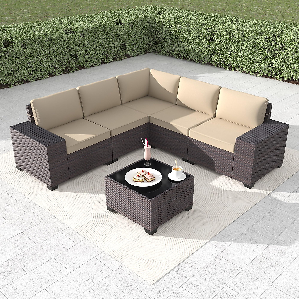 Gotland 6-Piece Patio Furniture Set, All-Weather PE Rattan Outdoor Sectional with Replaceable Khaki Waterproof Cushions and Coffee Table