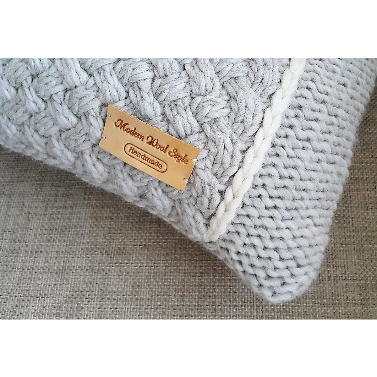 Hand Knit Pillow Wool Cushion Knitted Merino Wool Knit Pillow Grey Roving Yarn Square Handmade 16.5 x16.5 inches