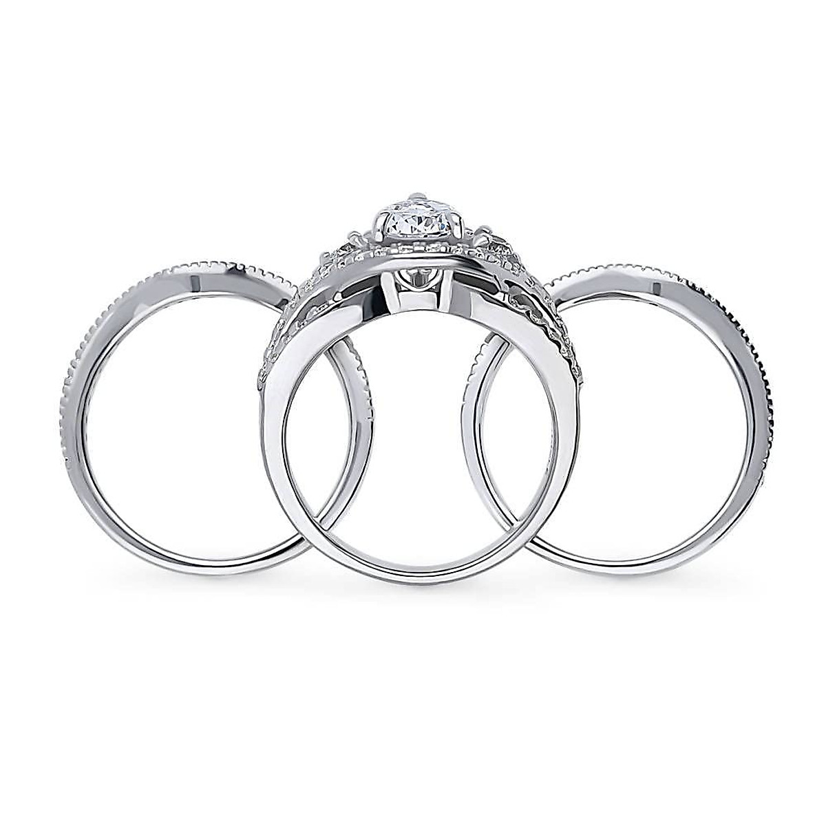 BERRICLE Sterling Silver 3-Stone Wedding Engagement Rings Pear Cut Cubic Zirconia CZ Woven Ring Set for Women, Rhodium Plated Size 4