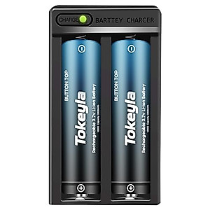 Tokeyla 2 Bay 18650 Rechargeable Battery Charger,Universal Charger for Flashlight Headlamp 3.7Volt Lithium ion Batteries(4Pcs Button Top Ba￵￵tt￵er￵￵y+Charger)